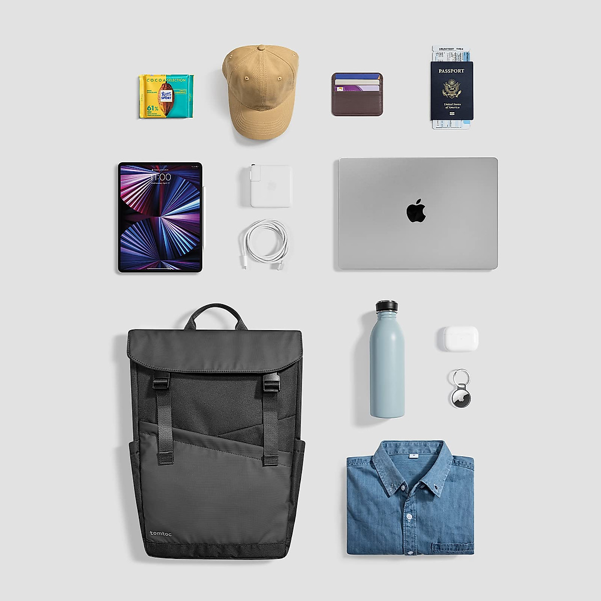 tomtoc Flap Laptop Backpack, Lightweight, Water-Resistant College School Travel Casual Daypack Bookbag, Slim Durable Work-pack Rucksack for 13-16 Inch MacBook Laptop, Large Capacity, 18L, Gray