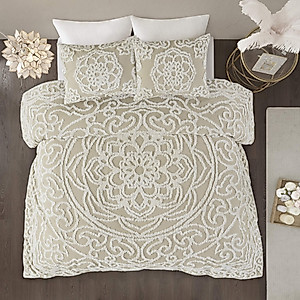 Madison Park Laetitia Comforter Bohemian Tufted Cotton Chenille, Medallion Shabby Chic All Season Down Alternative Bed Set with Matching Shams, Floral Taupe King/Cal King(104"x92") 3 Piece