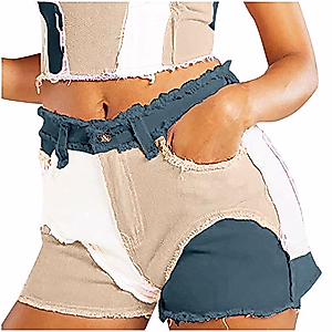 Shorts for Women, Women's Pocket Splicing Jeans Denim Pants Female Hole Bottom Casual Shorts(Green, XL)