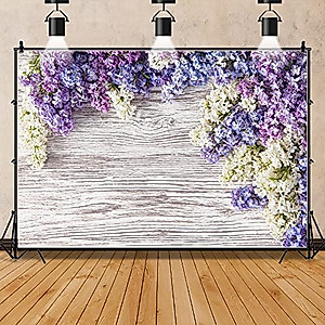 LFEEY 5x3ft Newborn Baby Wooden Plank Photography Backdrops Purple Lilac Flowers Bloom Bouquet Wooden Wall Girls Adults Portrait Photo Background Parties Events Decor Wallpaper Photo Studio Props