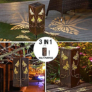 2 Pack Solar Lantern Outdoor Butterfly Garden Decor with Ground Stake, Metal Butterfly Hanging Solar Lights Waterproof Outside Decorations for Patio Lawn Yard Landscape Butterfly Gifts for Mom Women