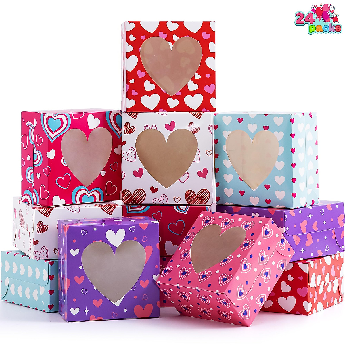 JOYIN 24pcs Valentine’s Day Bakery Treat Boxes Valentines Cup Cake Cookie Cardboard Boxes with with Heart PVC Window for Holiday Pastries,Wedding,Doughnut, Cookie, Cupcakes, Brownies, Truffles Gift Giving