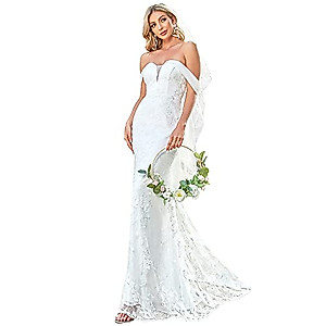 Ever-Pretty Women's V Neck Lace Maxi Mermaid Wedding Dress with Sweep Train White US4