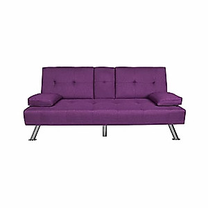 Eafurn Convertible Futon Bed, Soft Upholstered Loveseat Adjustable Sleeper, Button Tufted Sofa & Couch with Removable Pillow Top Armrests and 2 Cup Holders, Purple Polyester A
