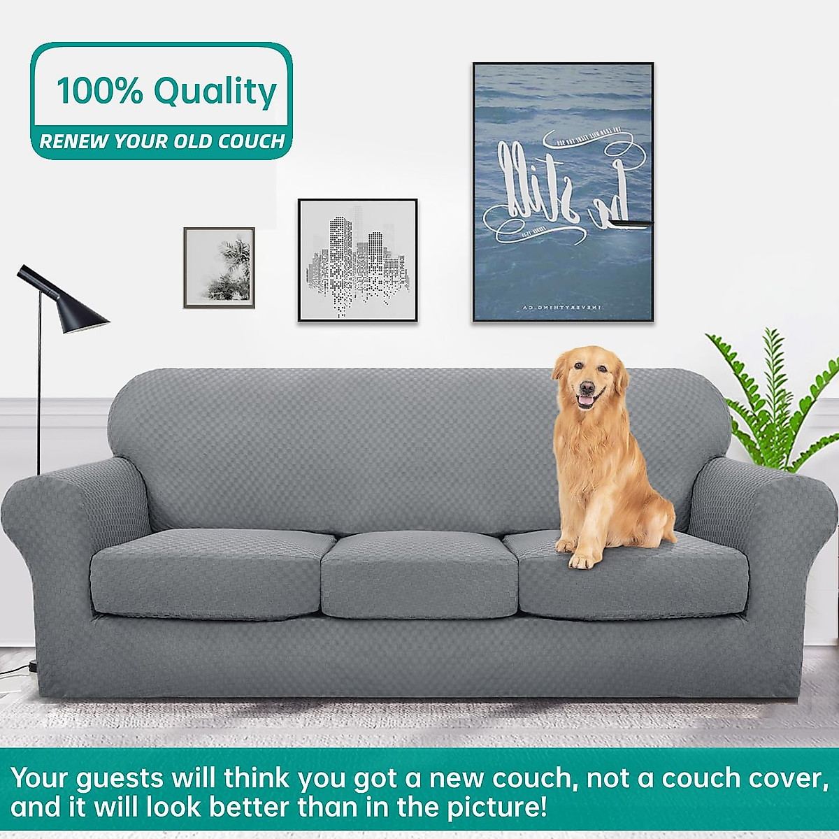 YEMYHOM Latest Checkered 4 Pieces Couch Covers for 3 Cushion Couch High Stretch Thickened Sofa Cover for Dogs Pets Elastic Slipcovers Living Room Furniture Protector (Light Gray), 71"-91"(3 Cushions)