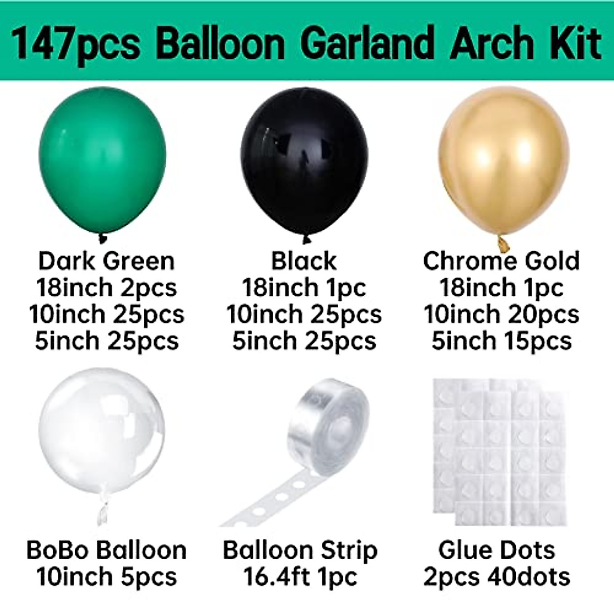 Enanal 147pcs Green Gold Balloon Garland Arch Kit, Dark Green Black and Chrome Gold Latex Balloons with BoBo Balloons for Birthday Wedding Anniversary Graduation Party Decorations (Green)