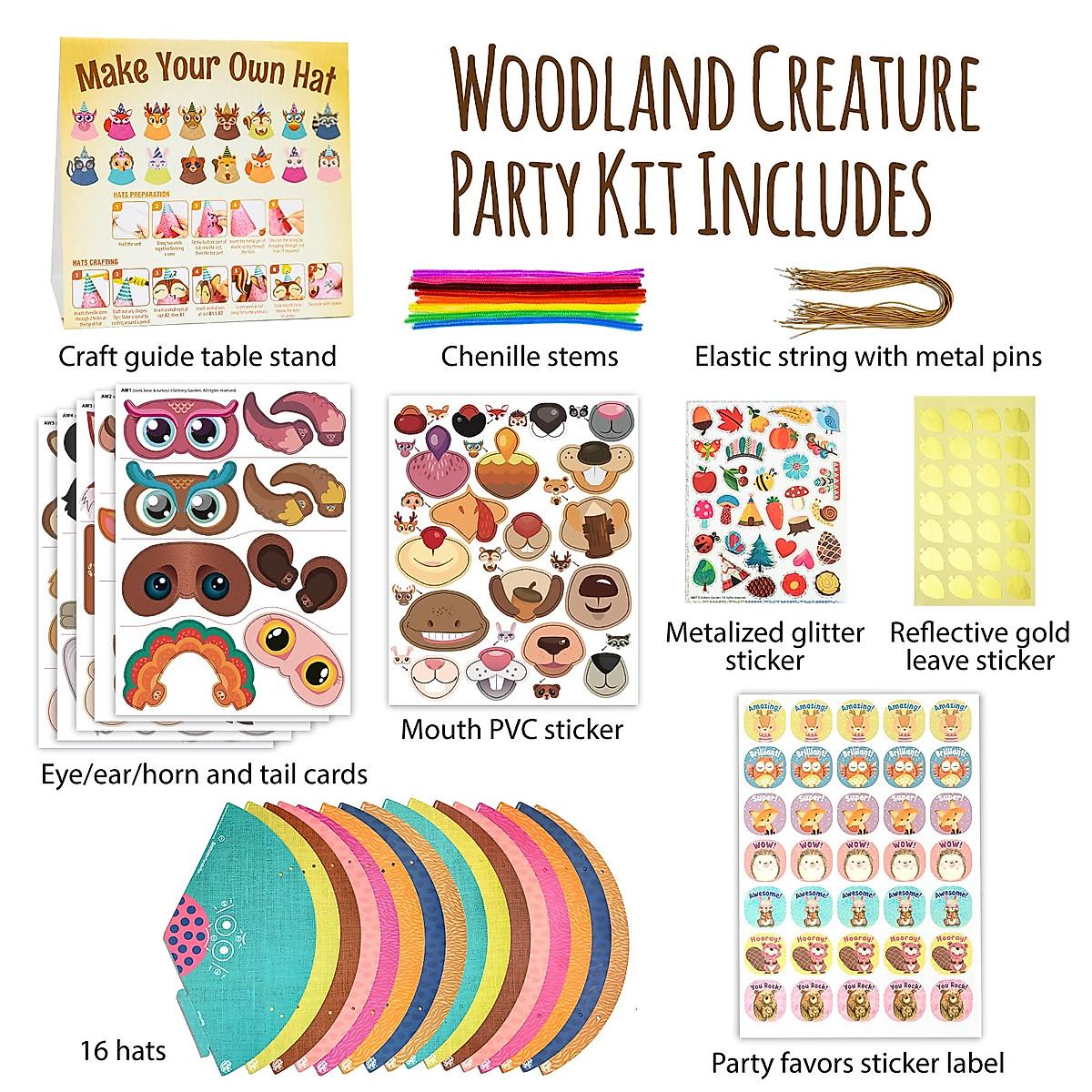 Woodland Themed Christmas Party Hats Making Kit c/w Chenille Stems & Stickers. Group Activities, DIY Art Craft Home Project. Birthday, Easter & Fiesta Decoration for Kid