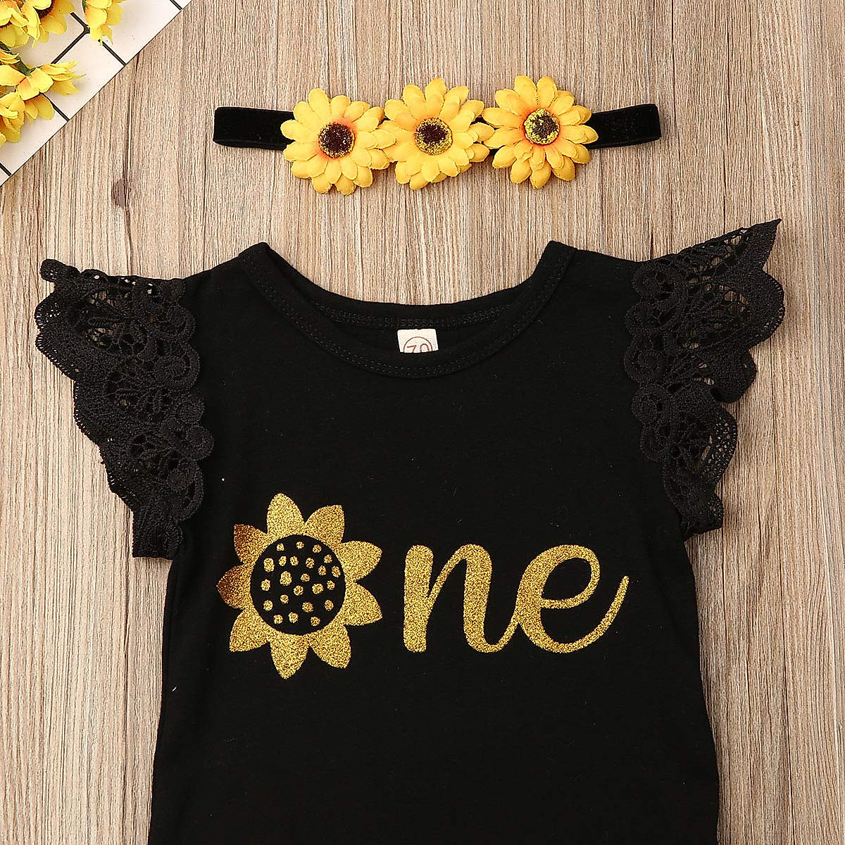 MA&BABY Newborn Girls 1st Birthday Outfit Ruffled Floral One Romper Yellow Tutu Skirt Dress First Birthday Girl Outfit (Black+Yellow, 12-18Months)