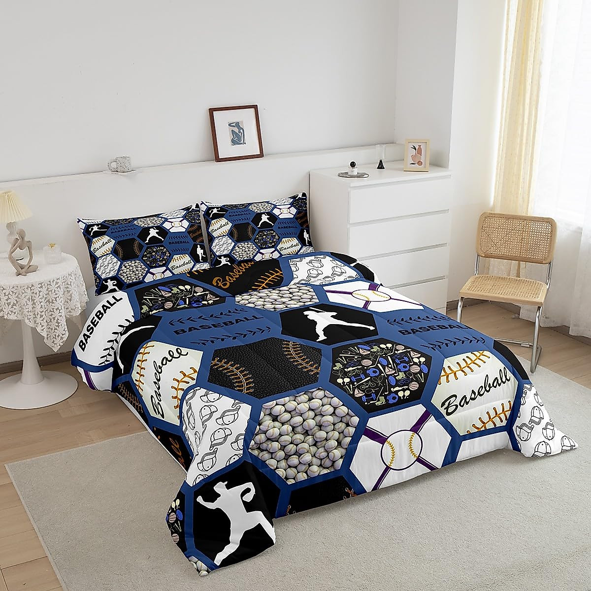 Erosebridal Baseball Bed Set for Boys,Baseball Player Comforter for Kids,Geometric Honeycomb Bedding Set Twin Size,Sports Ball Game Patchwork Quilt Set with 1 Pillowcase Lightweight