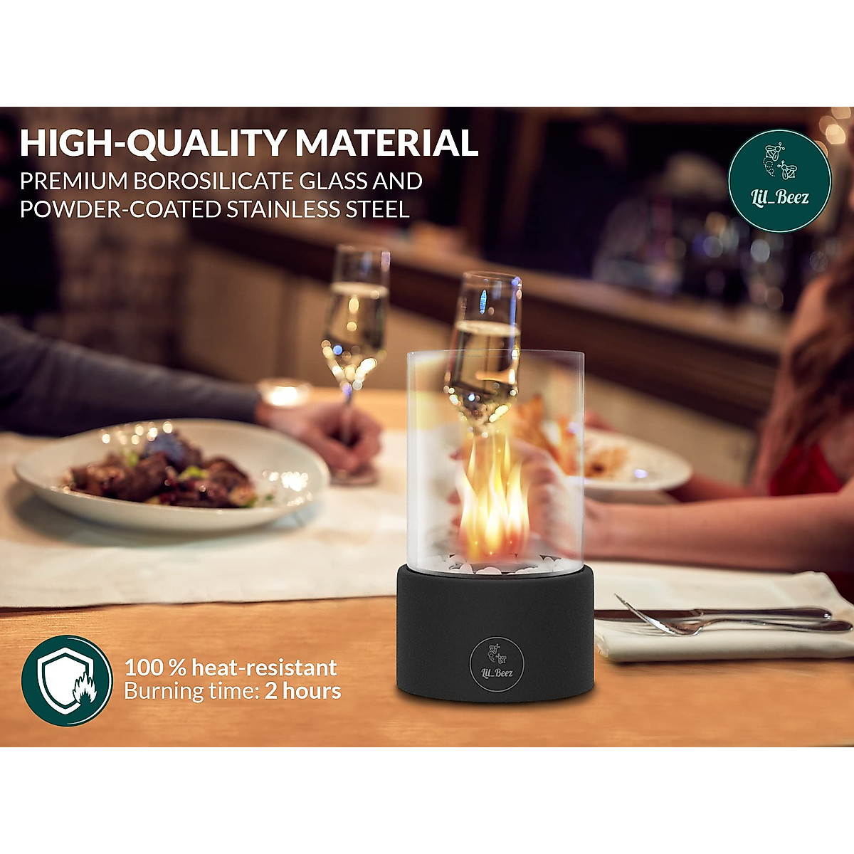 LIL_BEEZ Tabletop Fire Pit - Stainless Steel Portable Fire Pit - Crack-Resistant Small Indoor Table Firepit - Mini Fireplace with Borosilicate Glass