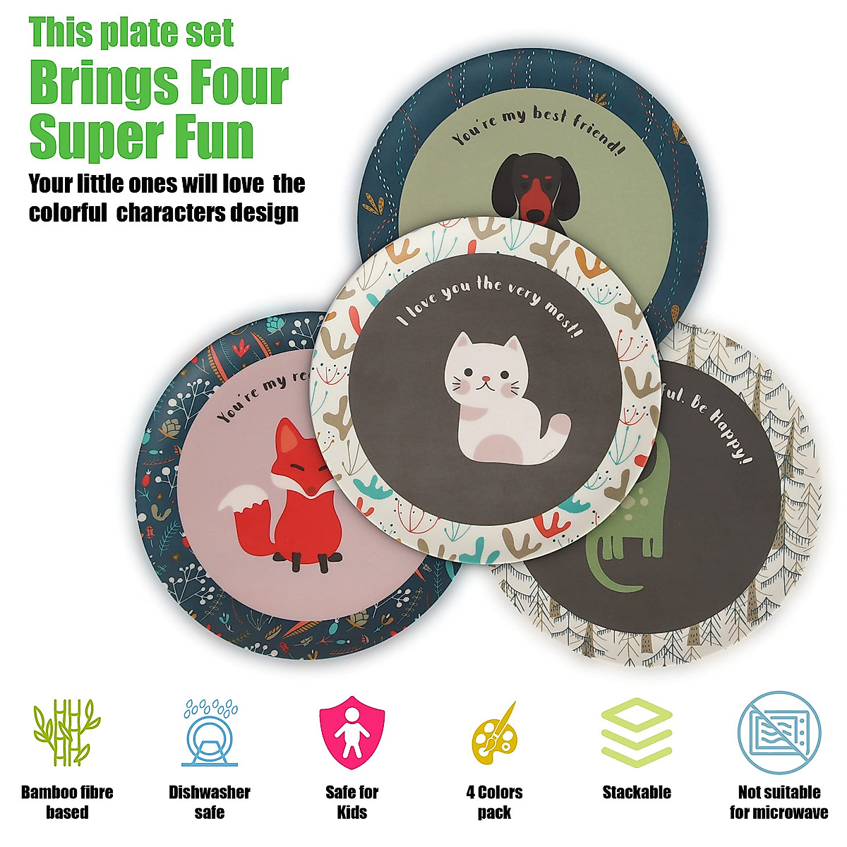 BeeBon Beauty Home Bamboo Plates for Kids - Set of 4 Pack Super Cute Dog, Dinosaur, Fox & Cat