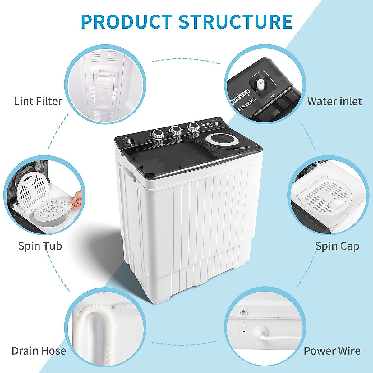 IMSEIGO Twin Tube Mini Washing Machine, Portable Laundry Washer with 26LBS Capacity, 18Lbs Washer and 8Lbs Spiner Built-in Drain Pump/Semi-Automatic for Apartments, RVs and Dorms (White & Black)
