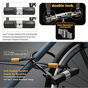 Via Velo 2 Bicycle U-Lock Set, Same Key System 4 Keyed Alike Keys, Heavy Duty Sold Secure 14mm Shackle and 10mm x 1.8m Cable with Mounting Bracket for Road Bike Mountain Bike Folding Bike
