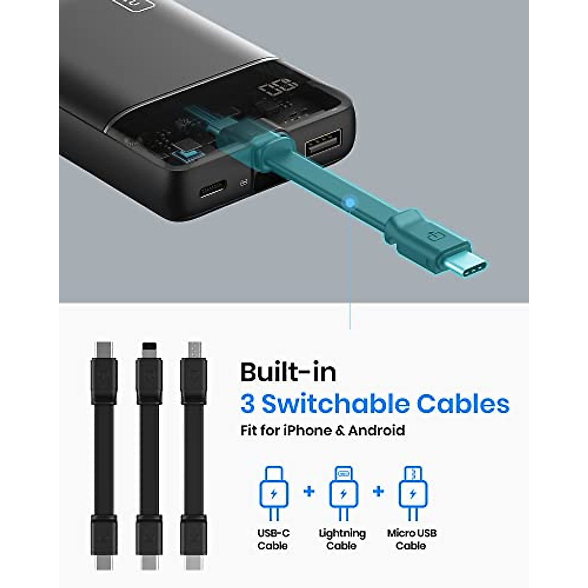 INIU Portable Charger, Adjustable Built-in Cables 10000mAh Power Bank with Tiny Size, Tri-3A High-Speed Battery Pack for iPhone 14 13 12 11 Pro X Samsung S22 S10 Google LG iPad Tablet Airpods etc.