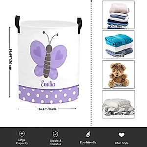 Personalized Laundry Basket Hamper,Butterfly Dots Purple,Collapsible Storage Baskets with Handles for Kids Room,Clothes, Nursery Decor
