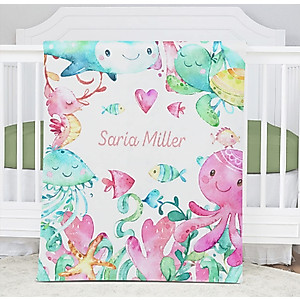 Sea Ocean Octopus Whale Personalized Baby Blanket for Girl Boy Soft Warm Newborn Throw Naps Swaddle Custom Blanket 30X40 in