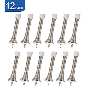HOMOTEK 12 Pack Spring Door Stopper with Rubber Bumper 3-1/8" Flexible Heavy Duty Wall Door Stop Low Mounted Bumper for Home (Satin Nickel)