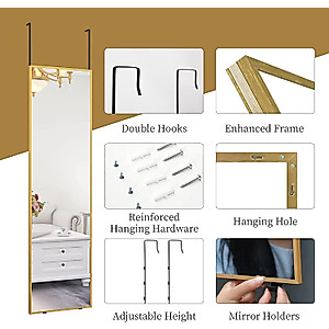 FANYUSHOW Full Length Mirror, Over The Door Mirror or Wall Mirror with Hanging Brackets, Full Body Mirror for Bedrooms, Bathrooms, Living Room, Gold, 50” x 14”