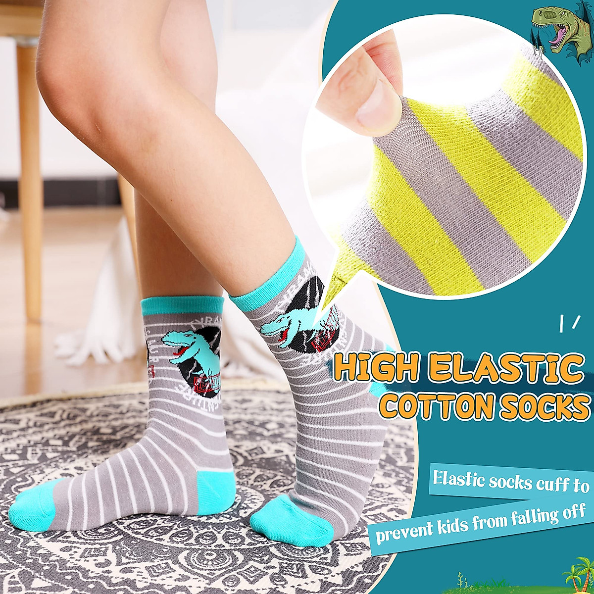 SeeyAN Boys Socks Kids Funny Cotton Novelty Crew Cartoon Space Dinosaur Crazy Socks 6 Pairs (6 Pairs Dinosaur, 6-8 Years)