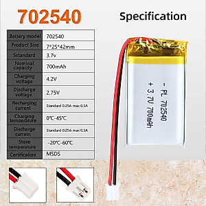 AKZYTUE 3.7V 700mAh 702540 Lipo Battery Rechargeable Lithium Polymer ion Battery Pack with PH2.0mm JST Connector