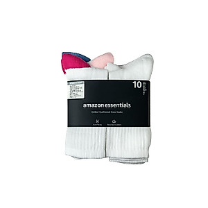 Amazon Essentials Women's Cotton Crew Socks, Lightly Cushioned, 10 Pairs, White, 6-9