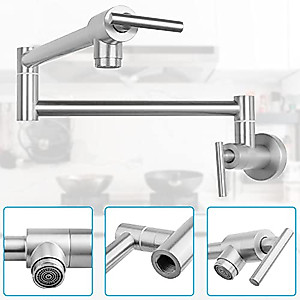 Launceter Pot Filler Faucet, Wall Mount Pot Filler Solid Brass Brushed Nickel Kitchen Faucets, Double Joint Swing Arm Kitchen Sink Pot Filler Faucets, Single Hole with 2 Handles(Brushed Nickel)