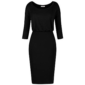 Moyabo Church Dresses for Women 3/4 Sleeve Round Neck Elastic Wasit Causal Dresses with Pockets Black Large