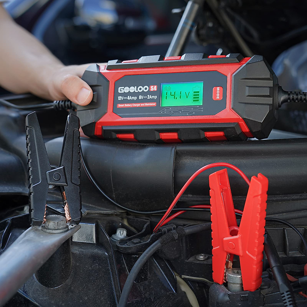 GOOLOO S4 4 Amp Car Battery Charger Automotive, 6V/2A 12V/4A Smart Trickle Charger Maintainer with Supply Mode, Automatic Motorcycle Battery Charger for Truck Lawn Mower RV Boat Lead-Acid Battery