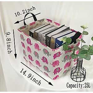 HUAYEE Elephant Print Rectangular Storage Bin Shelf Basket Canvas Fabric Toy Box,Waterproof Coating Nursery Hamper with Handles,Gift Basket for Home,Office,Clothes,Books(pink grey elephant)