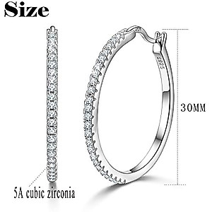 925 Sterling Silver Round Hoops Loops Earrings Paved Cubic Zircon Halo CZ Women Ear Jewelry (Hoop Earring 30MM)