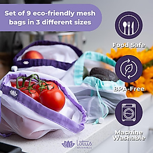 Lotus Produce Bags | 9 Count | 3 Sizes & 3 Colors | Machine Washable, Reusable, Multipurpose, Lightweight Mesh Grocery Bags | Fruits, Vegetables, Nuts, Grains | Eco-friendly Netted Reusable Mesh Bag