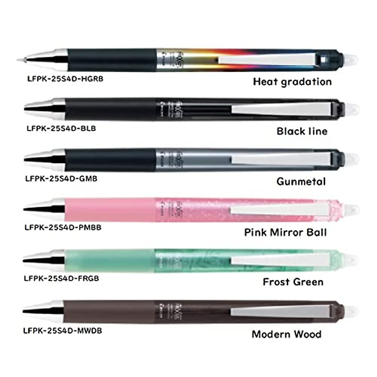 Pilot Japan Frixion Point Knock Design Series 6 Packs With Kanji LOVE Sticker, Black line, Gunmetal, Pink, Frost Green, Modern Wood, 5.59 x 0.41 0.39 in