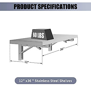 DOLEMODUO 36 L x 12 W Inch Folding Stainless Steel Wall Shelf for Food Trailer & Concession Window, Space-Saving Metal Fold Down Food Serving Shelves