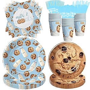 Xigejob Milk and Cookies Birthday Party Supplies - Milk and Cookies Party Decorations Tableware, Paper Plate, Cup, Napkin, Cutlery, Chocolate Chip Cookies and Milk Baby Shower Decorations | Serve 24
