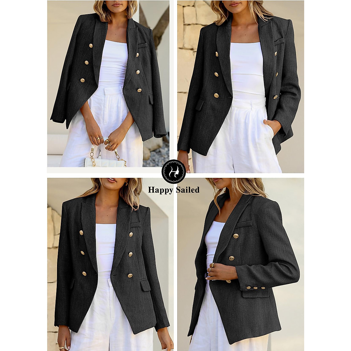 Happy Sailed Dressy Blazers for Women 2025 Classic Fall Long Sleeve Double Breasted Tweed Blazer Jackets Casual Lapel Collar Open Front Business Outfits Work Suits Professional Black Small