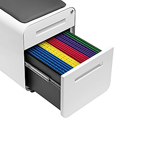 Laura Davidson Furniture STOCKPILE Mini Seated 2 Drawer Mobile File Cabinet with Removable Magnetic Cushion Seat - Short Version, Metal Filing Cabinet, Pre-Assembled, White with Grey Cushion