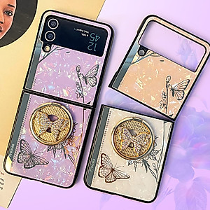 for Samsung Galaxy Z Flip 4/ Z Flip 3 Case for Women Girls with Stand,Luxury Bling Glitter Cute Butterfly Flower Soft TPU Shockproof Phone Case for Samsung Galaxy Z Flip 4/ Fip 3 Pink