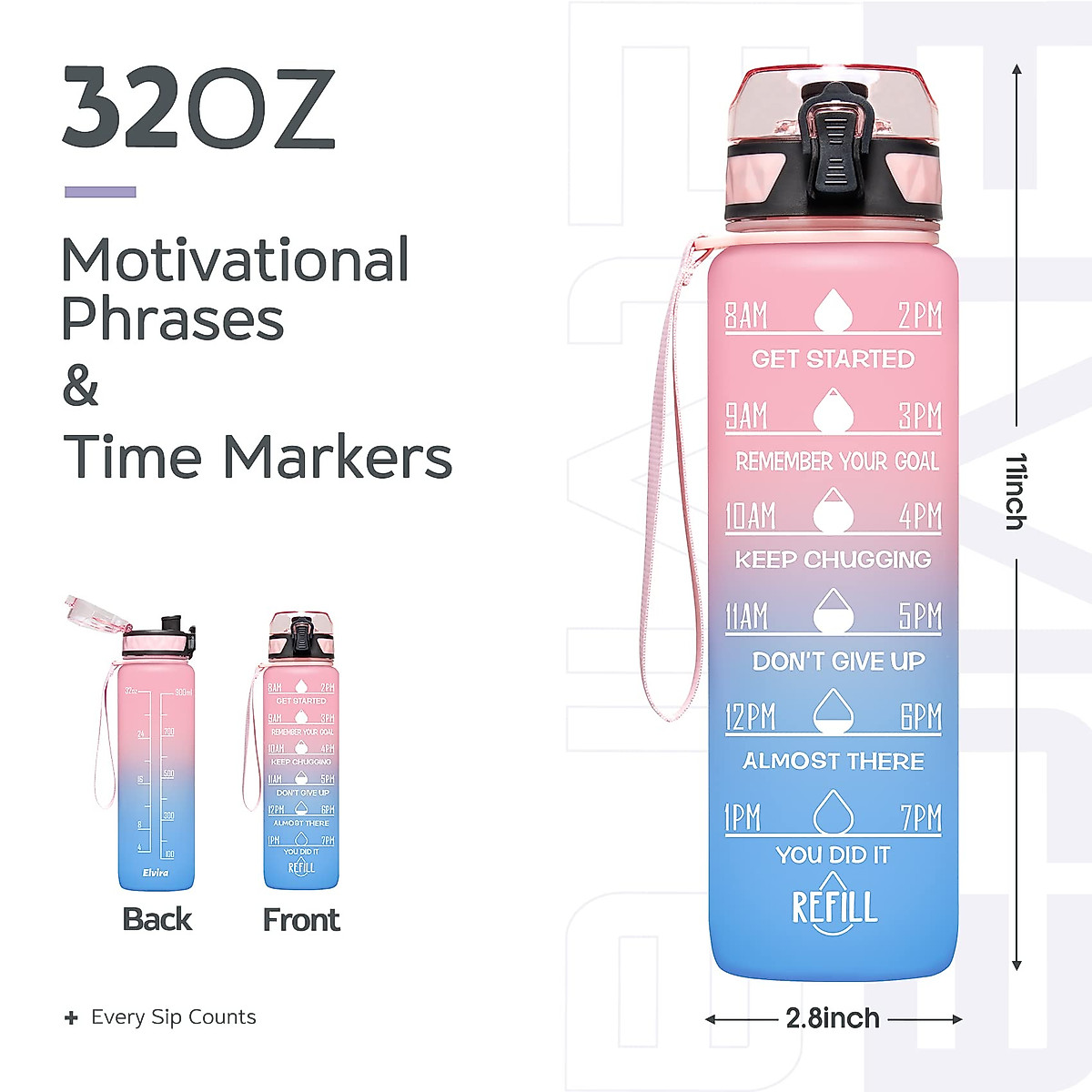 Elvira 32oz Motivational Fitness Sports Water Bottle with Time Marker & Removable Strainer,Fast Flow,Flip Top Leakproof Durable BPA Free Non-Toxic-Grape/Green Gradient, Tritan