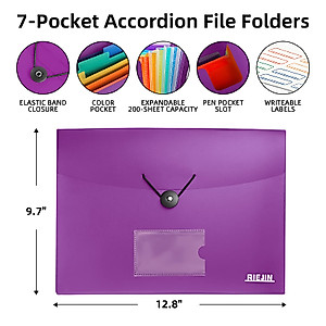 Accordian File Organizer 7 Pocket Expanding File Folder with Labels, Plastic Expandable File Folder for Documents Letter Size A4 Papers - Purple