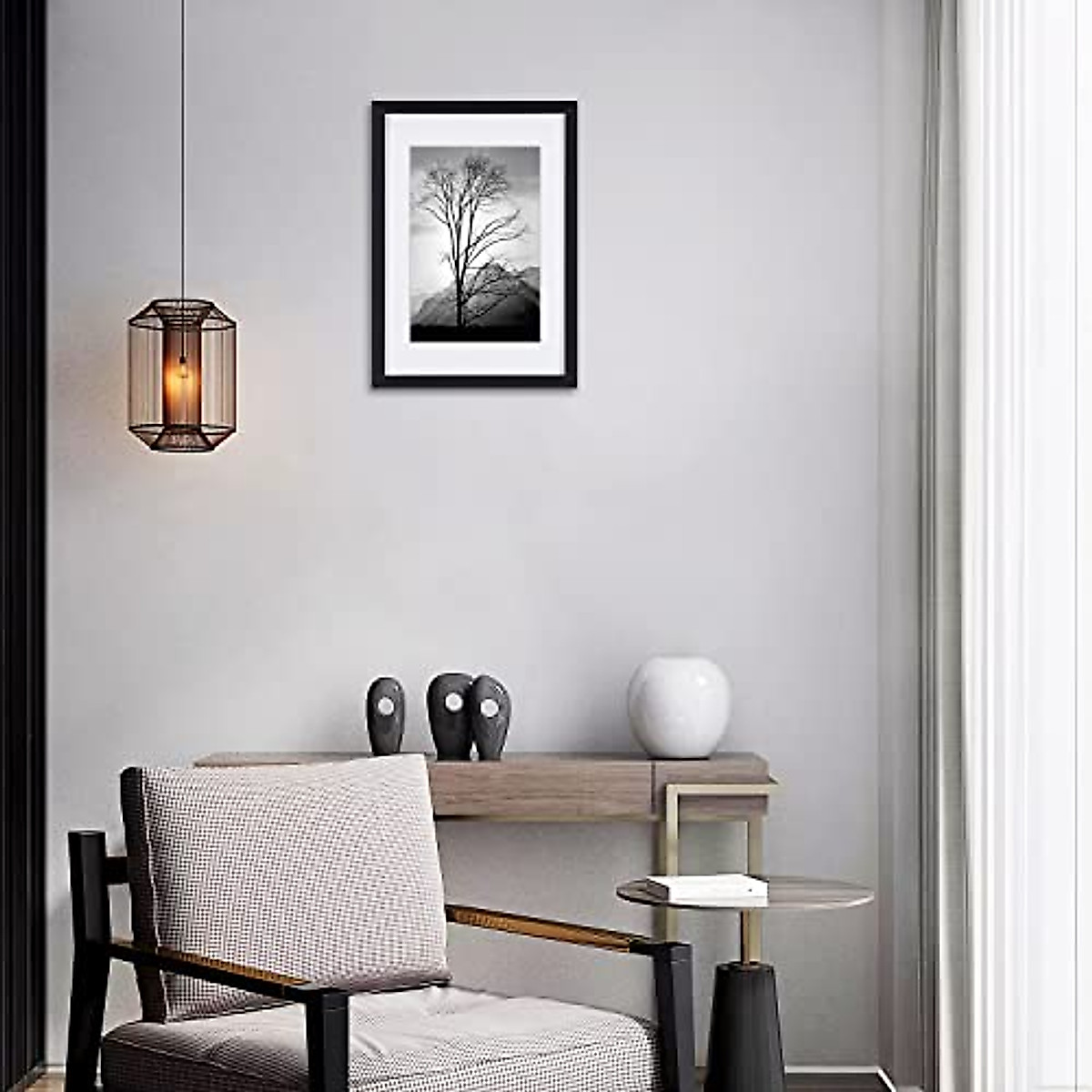 Tree Mountain Wall Art Black and White Landscape Picture Framed Canvas Print in White Matte and Black Framed 11x16 Inch Modern Artwork for Kitchen and Home or Living Room Decor