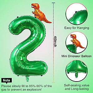 40 Inch Green Number 2 & Mini Dinosaur Balloon for Boys Birthday Party Decorations, 2nd Birthday Dinosaur Party Supplies Jungle Theme Green Birthday Patry Balloons Decorations