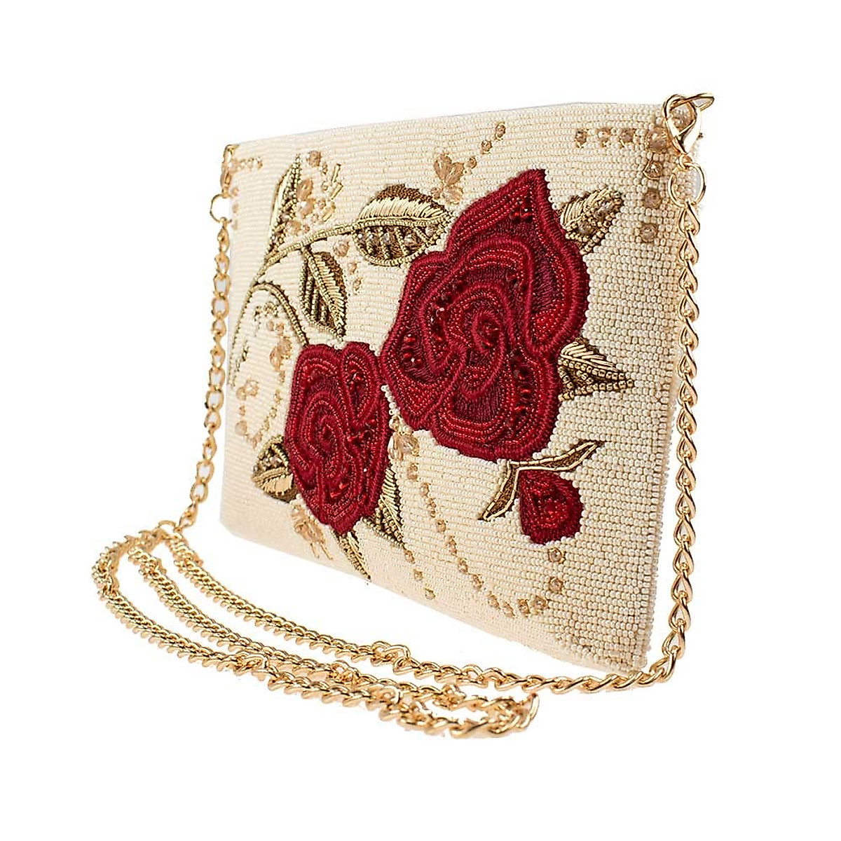 Mary Frances Roses are Red Beaded Crossbody Clutch Handbag, Ivory