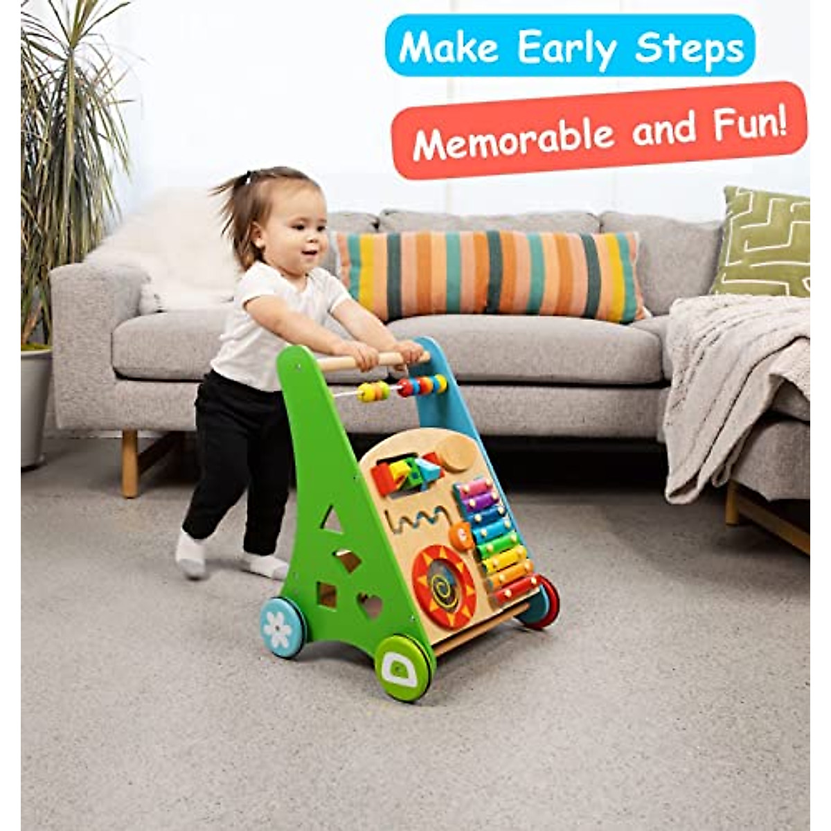 PIDOKO KIDS Wooden Baby Walker - Baby Activity Center Toys for 1 Year Old Boy Girl | Push Walker Toy For Babies - Baby Walkers For Girls Boys 12-18 Months | First 1st Birthday Gifts Toddlers Book Cups