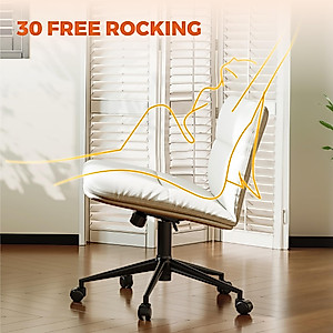 FitStand Criss Cross Chair with Wheels, Cross Legged Office Chair, Armless Wide Vanity Chair with Back, Desk Chair Comfy Wide Seat, Leather Swivel Accent Chair for Home Office HC1 (White)