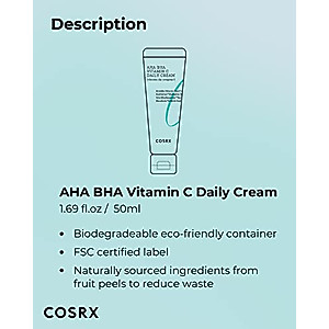 COSRX AHA BHA VITAMIN C Daily Cream 1.69 fl. oz 50 ml, Face Cream, Brighten, Anti Aging, Plumping Skin, Natural, Fruit