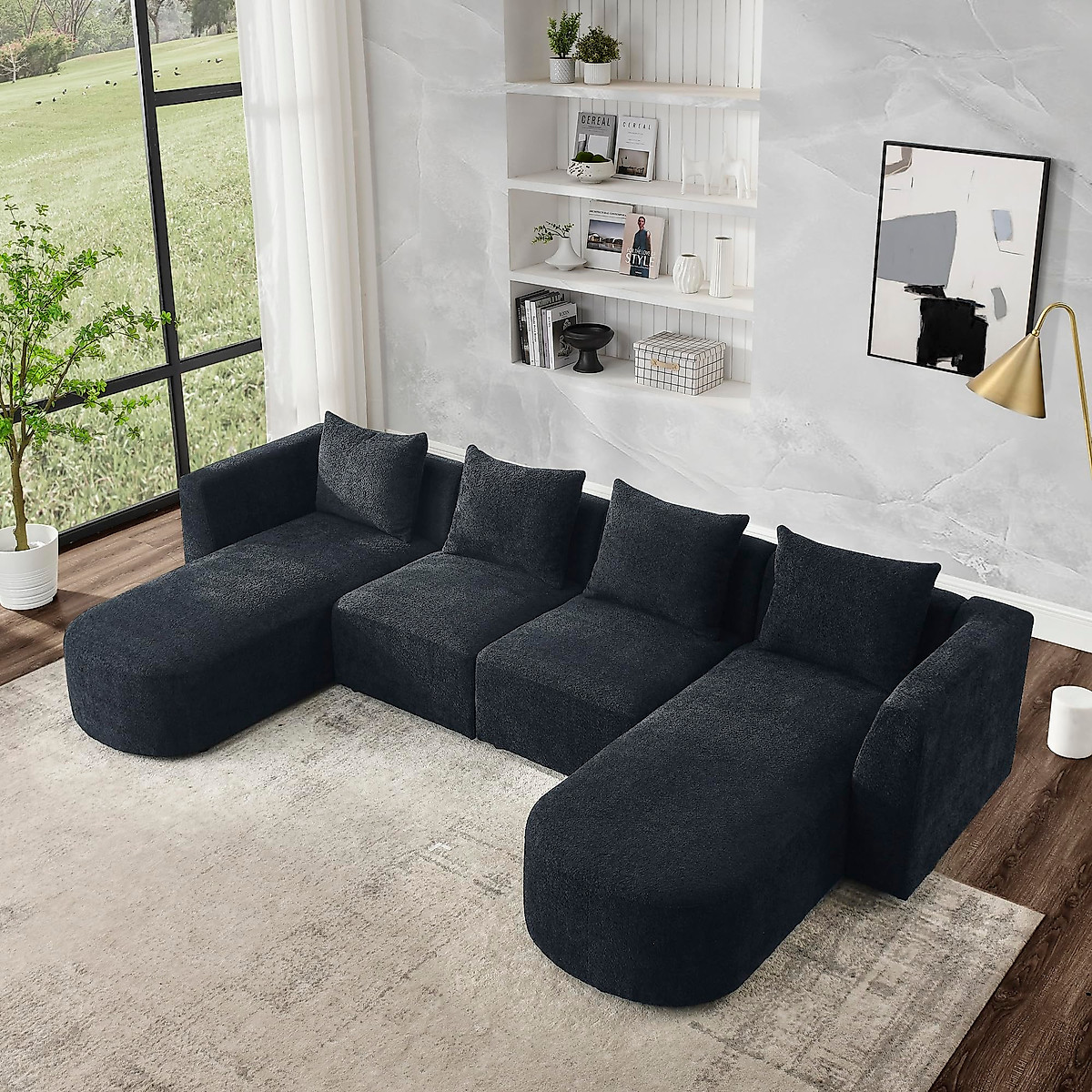 Melpomene 117 "Minimalist Upholstery Boucle Fabric U-Shape Modular Sectional Sofa Couch，Curved Sofa Includes 2 Single Chair 2 Chaise Longue,Living Room Furniture Set,Black