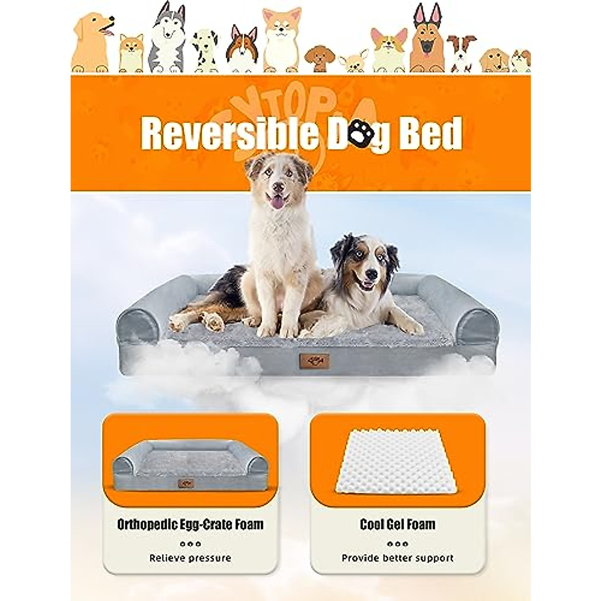 Sytopia Dog Cooling beds chew Proof for Medium Dogs Indestructible Waterproof Washable Dual Side Dog Crate Bed, Dog Couch, Pet Bed with Removable Cover and Nonskid Bottom-Grey L Size