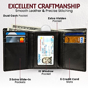 BULL GUARD Genuine Nappa Leather Trifold Wallet For Men RFID And ID Window