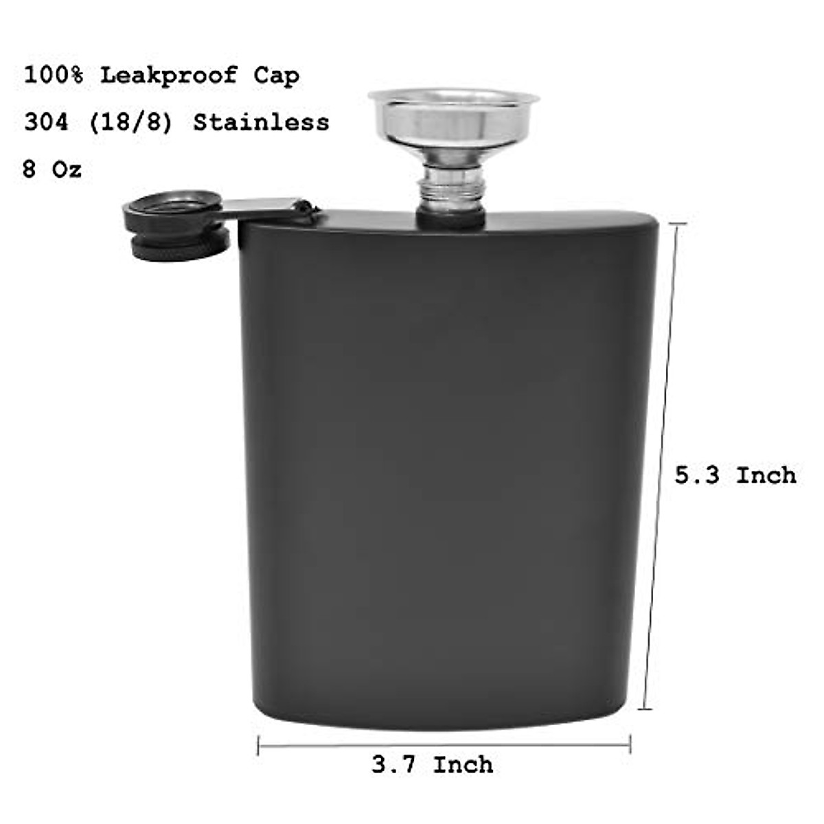 Hip Flask for Liquor 8 Ounce Stainless Steel Black Matte Black Hinge Leakproof with Funnel in Black Box for Men and Women by IDALIO