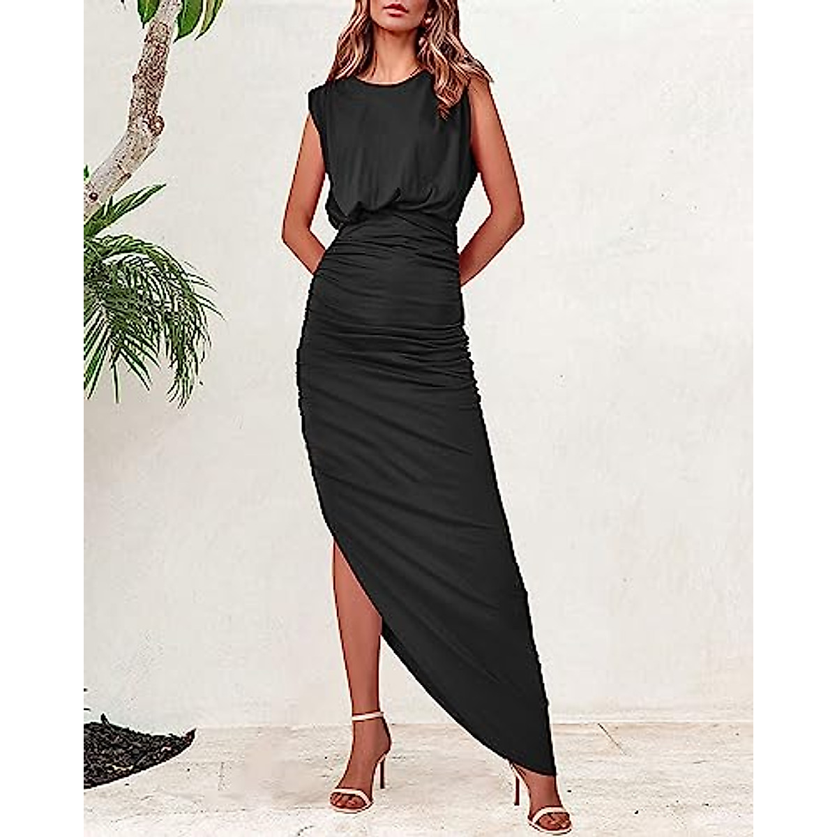 BTFBM Women Sleeveless Ruched Bodycon Dress 2023 Summer High Waist Asymmetrical Slit Formal Party Cocktail Maxi Dresses(Solid Black, Medium)